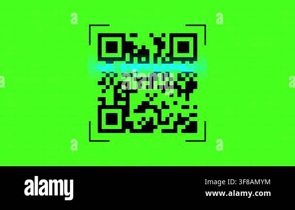 Animated digital QR code being scanned by a bright blue laser light on ...