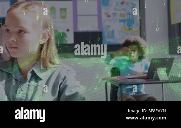 Classroom girl turning while boy raising hand to answer, green code ...