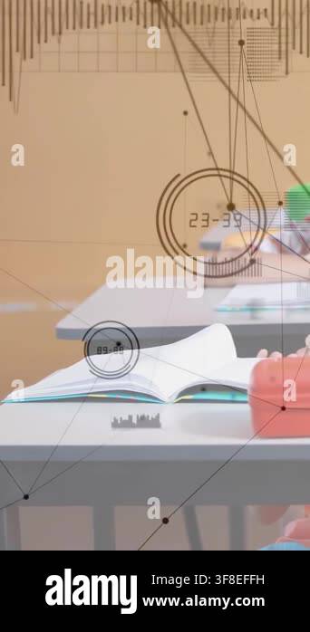 Vertical video: Cam panning right across row front child leaning with ...