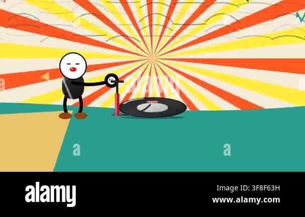 2D cartoon animation of a stick figure pumping air into a black tire ...