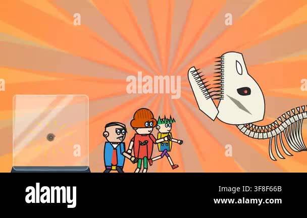 Animated kids walking past a giant dinosaur skeleton in a museum ...