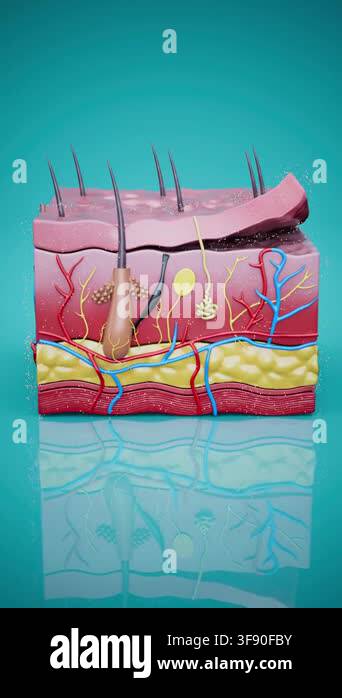 Detailed 3D animation of a cross-section of human skin showing layers ...