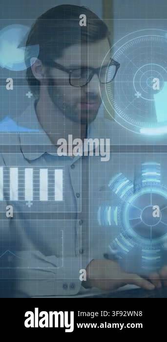 Vertical video: Man viewing HUD animating charts radial UI hand ...