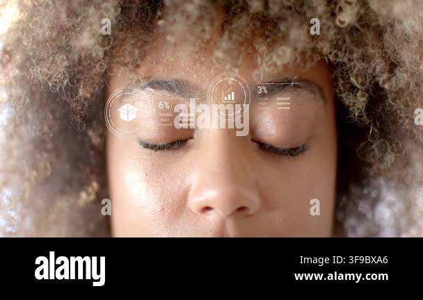 Woman opening eyes, activating HUD UI expanding with package, chart ...