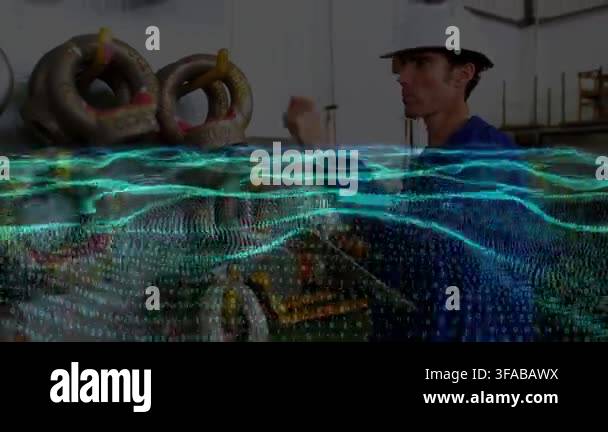 Tech raising probe, probing rigging, testing safety in workshop while ...