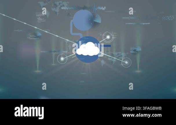 Animation of network of connections with icons and data processing over ...