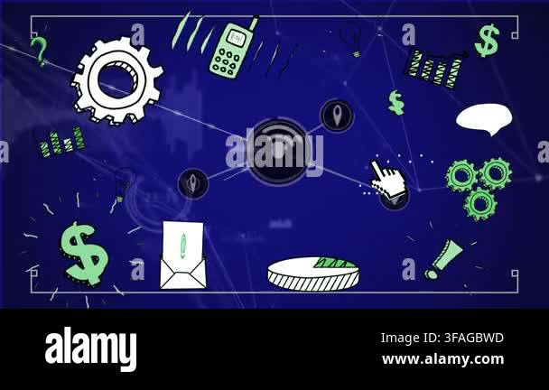 Animation of network of connections with business icons over blue ...