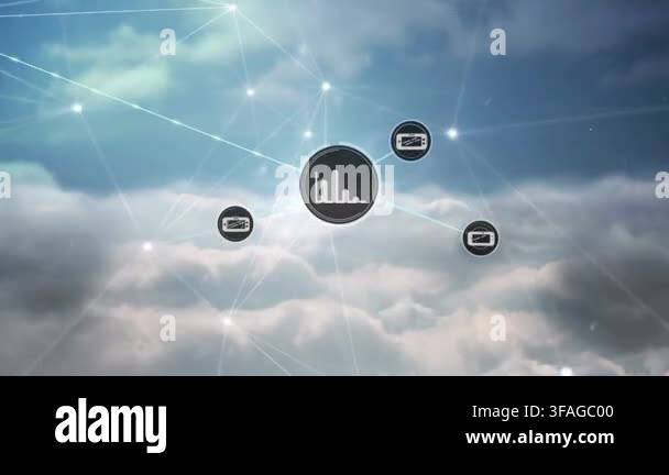Animation of network of connections with icons over sky and clouds ...