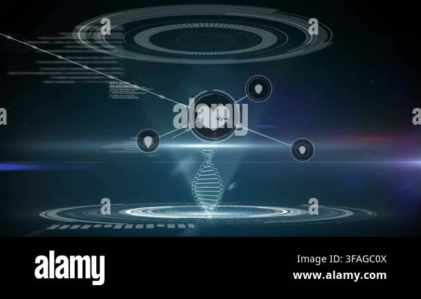 Animation of network of connections with icons over dna strand. global ...