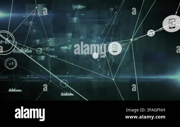 Animation of network of connections with icons over black background ...