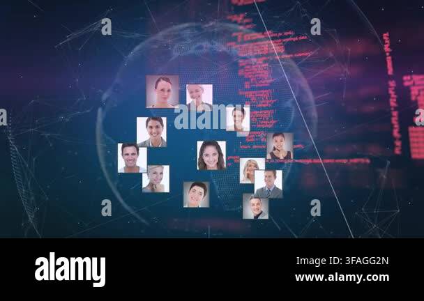 Animation of diverse people icons and network of connections over data ...