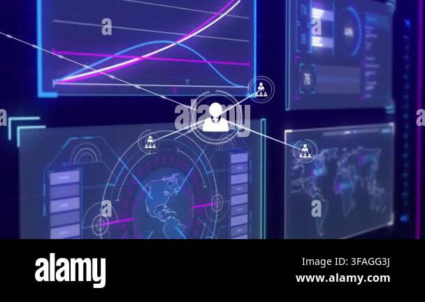 Single avatar appearing right and forming network, analytics dashboard ...