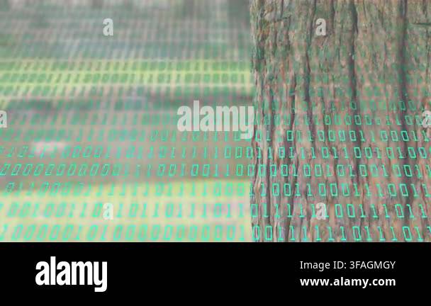 Playing, teal binary overlay pulsing across static tree trunk and ...
