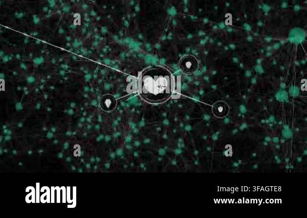 Animation of network of connections with icons on black background ...