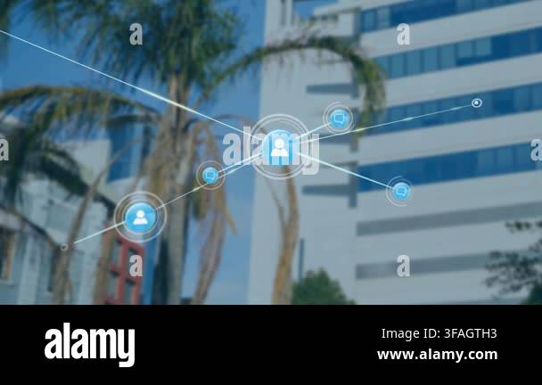 Animation of network of connections with icons over cityscape. Global ...