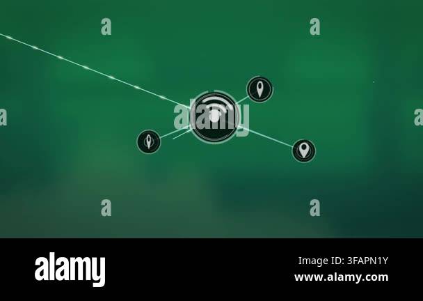 Animation of network of connections with icons over shapes on blue ...
