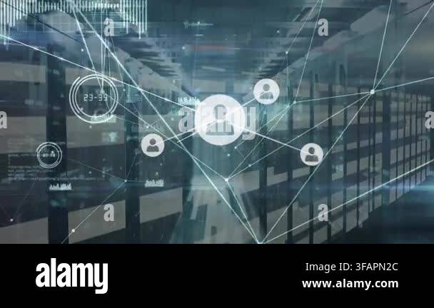 Animation of network of connections with icons and data processing over ...