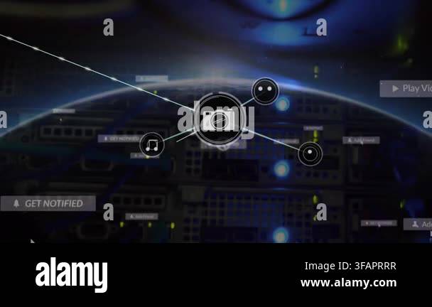 Animation of network of connections and social media icons. Global ...