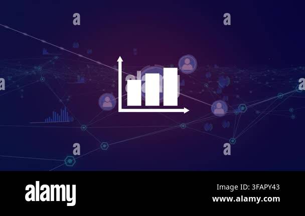 Animation of diagram over network of connections with icons on purple ...