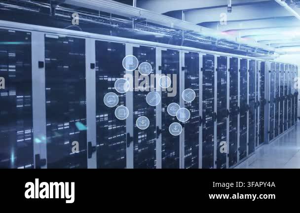 Animation of globe made of icons moving over servers. global network ...