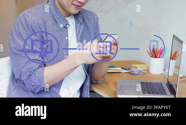Animation of network of connections with icons over asian man using ...