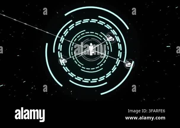 Central avatar pulsing, concentric cyan rings drawing nodes inward ...