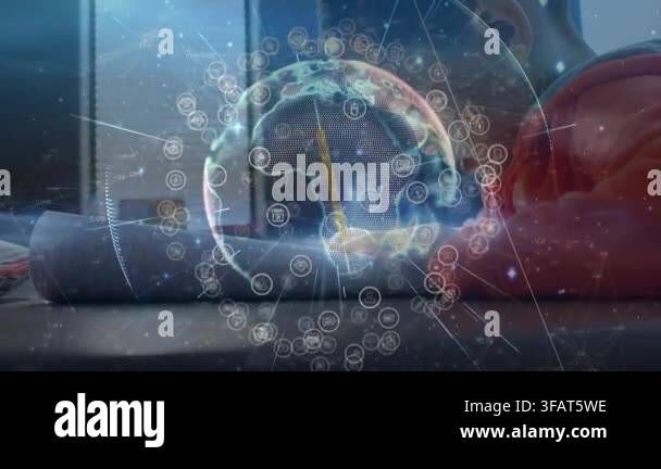 Overlay appearing, boy resting at table, holographic globe rotating and ...