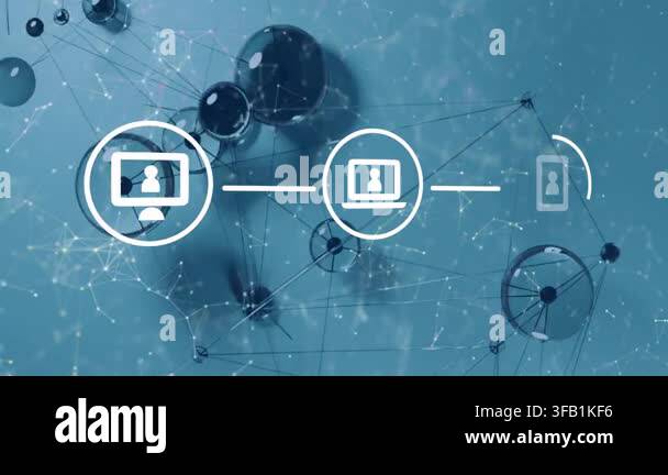 Animation of network of connections and digital icons. Global ...
