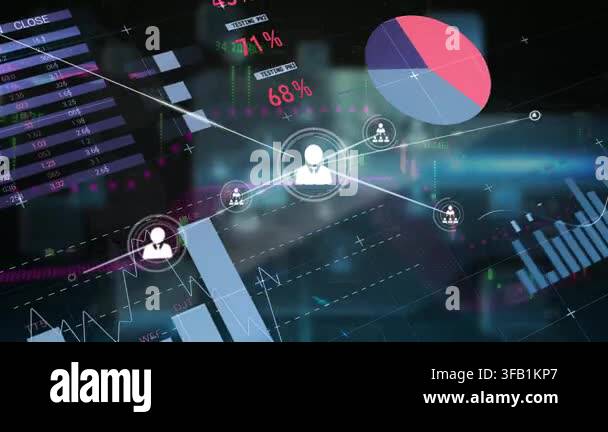 Animation of statistics, data processing and network of connections ...