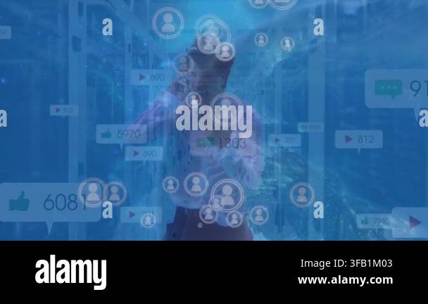 Animation of network of connections with icons over server room. global ...