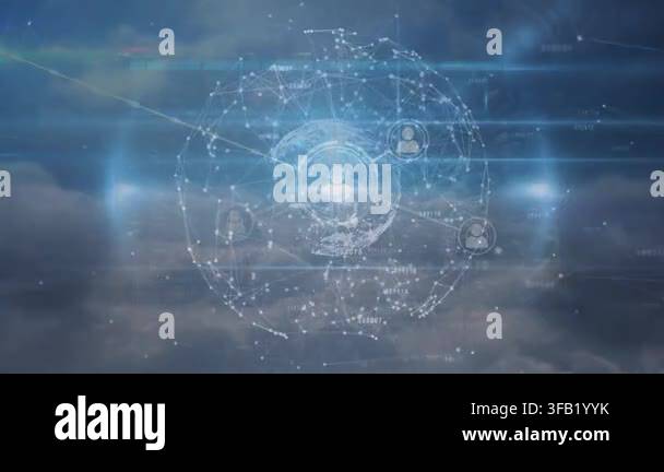 Animation of network of connections with people icons over globe and ...