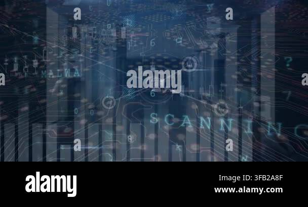 Animation of computer circuit board over network of connections with ...