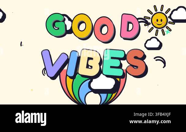 Colorful Good Vibes Text with Rainbow Sun and Clouds Retro Graphic ...