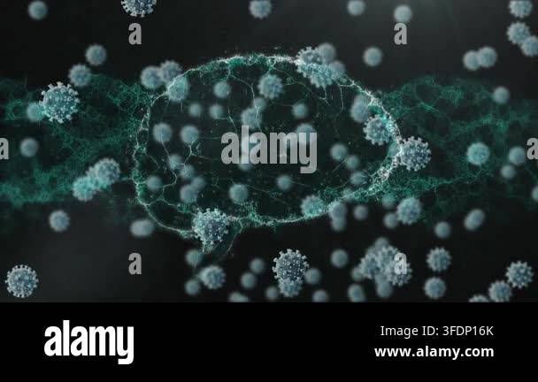 Animation of covid 19 cells flying over human brain and dna strand on ...