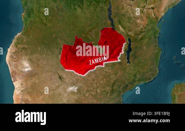 Zambia highlighted on world map with national flag aerial animation ...