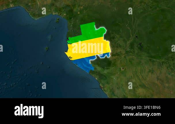 Gabon national flag map animation overlaying realistic earth footage ...
