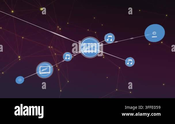 Animation of musical note and laptop icons interconnected with lines on ...