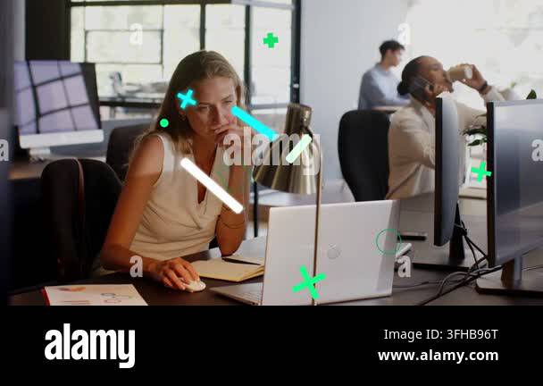 Woman moving folder then clicking mouse at business desk, animated ...