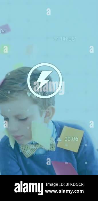 Vertical video: Boy reaching glasses for craft in class with HUD icons ...