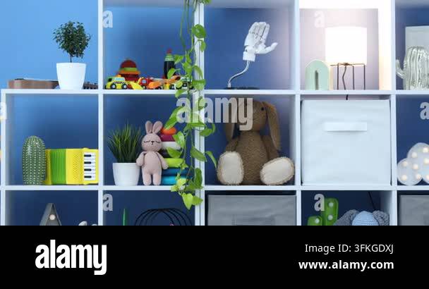 Shelving unit with different toys and decor near blue wall in child's ...