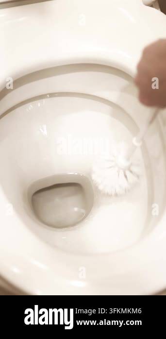 Hand scrubs inside of white toilet bowl with cleaning brush. High ...