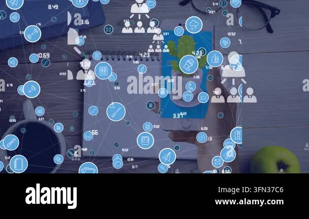 Animation of media icons over hand using smartphone. Global business ...