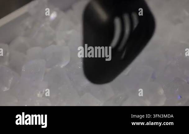 Close-up of a hand using a black scoop to pick up ice cubes from a ...