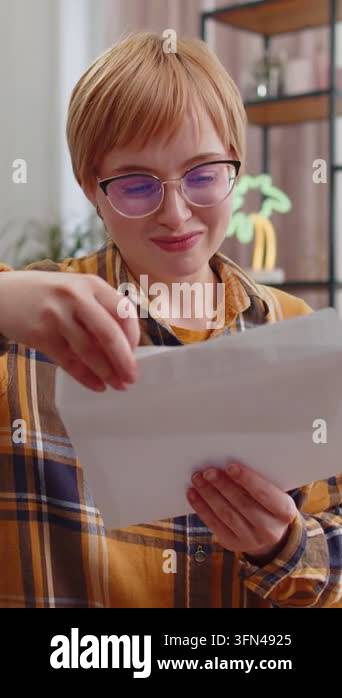 Happy woman open envelope letter, reading it. Career growth advance ...