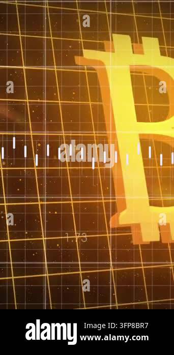 Animation of data processing and graph over bitcoin symbol on black ...