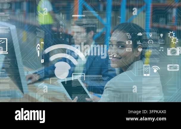 Animation of data processing and digital icons over caucasian man ...