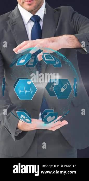 Animation of virtual globe with medical icons held by businessman ...