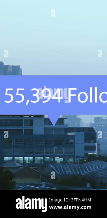 Animation of social media icon and data processing over cityscape ...