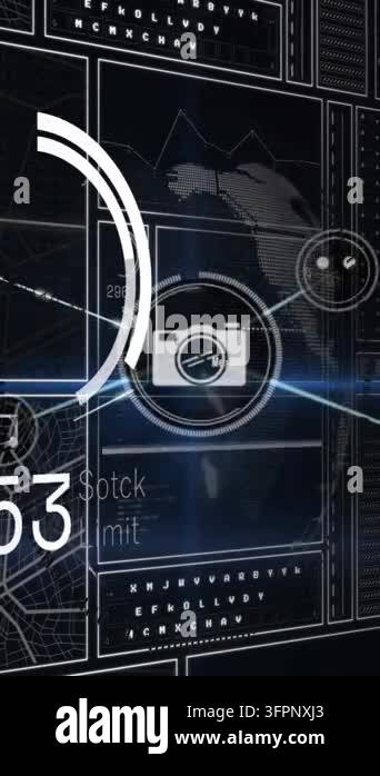 Animation of network of digital icons over interface with data ...