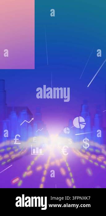 Animation of icons and light moving over cityscape landscape. data ...